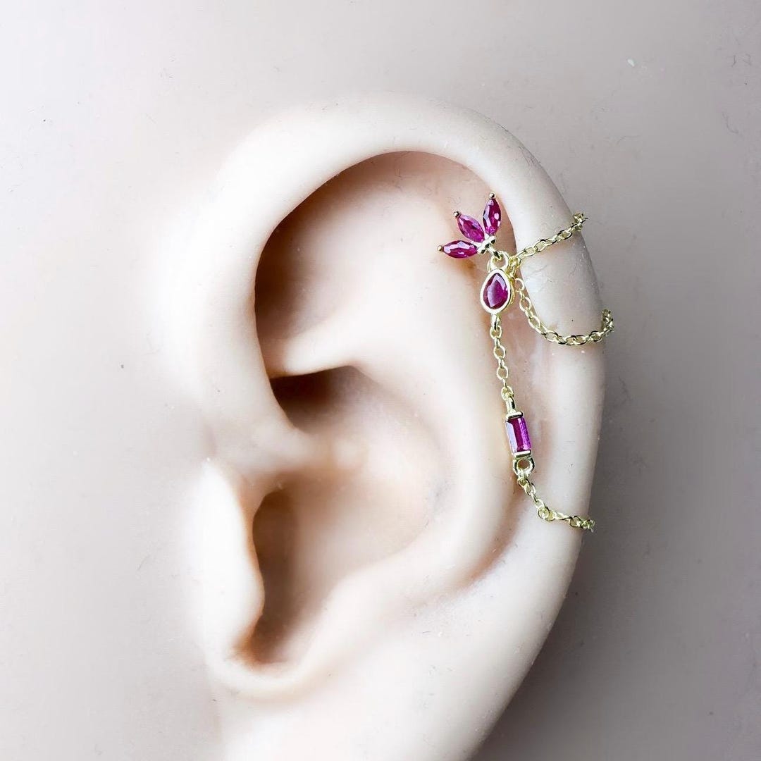 Dainty Triple Chain Pink Ruby CZ Helix Piercing, Cartilage Piercing 20g ...
