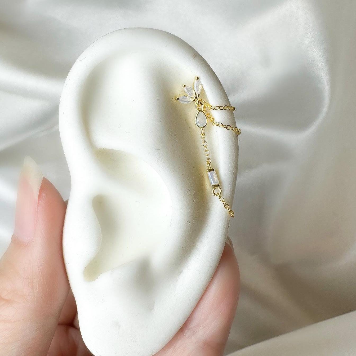 Dainty Triple Chain Gold Moonstone CZ Helix Piercing, Cartilage ...