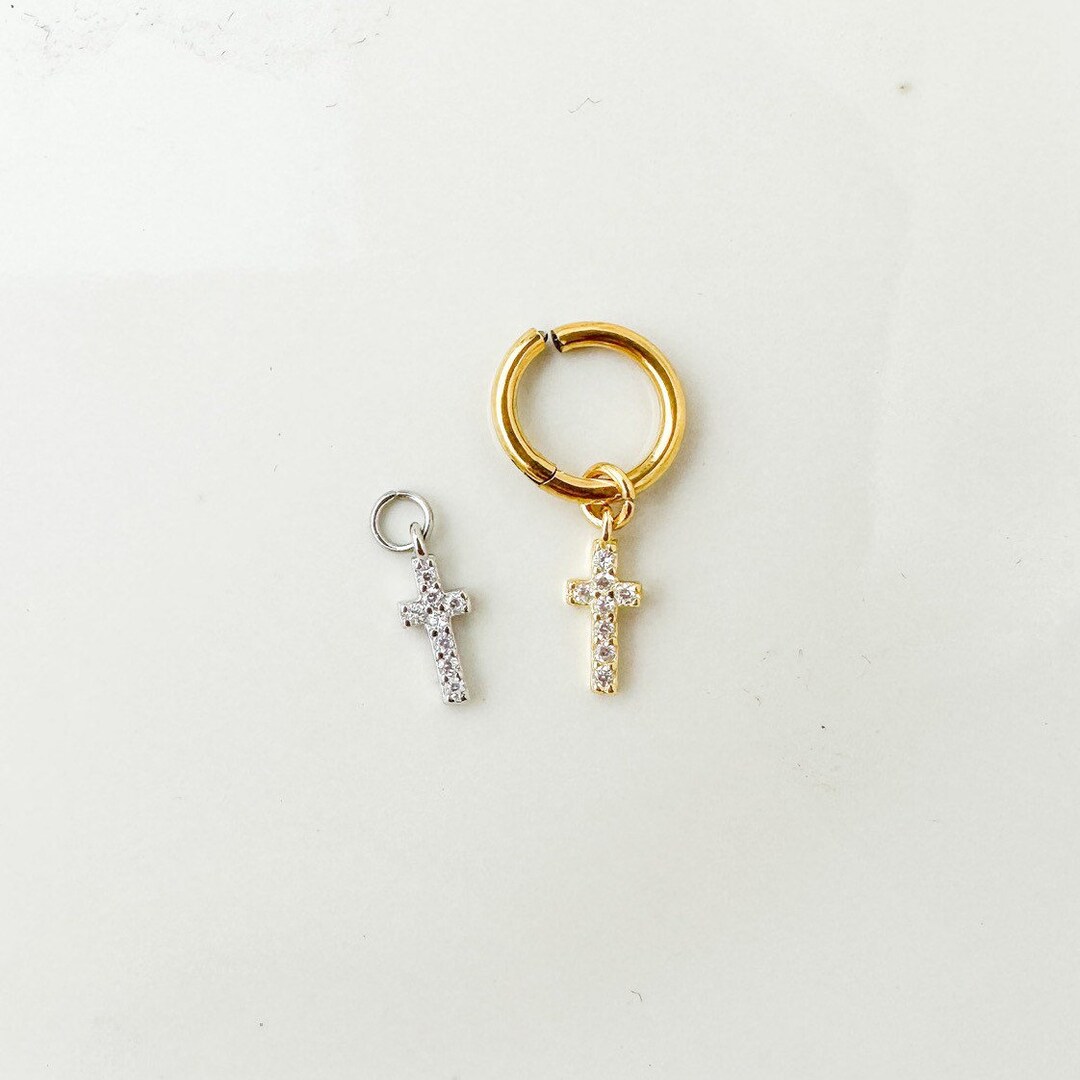 16g 18g 6mm Paved Cross Dangle Hoop Charm, Sterling Silver, 18k Gold ...