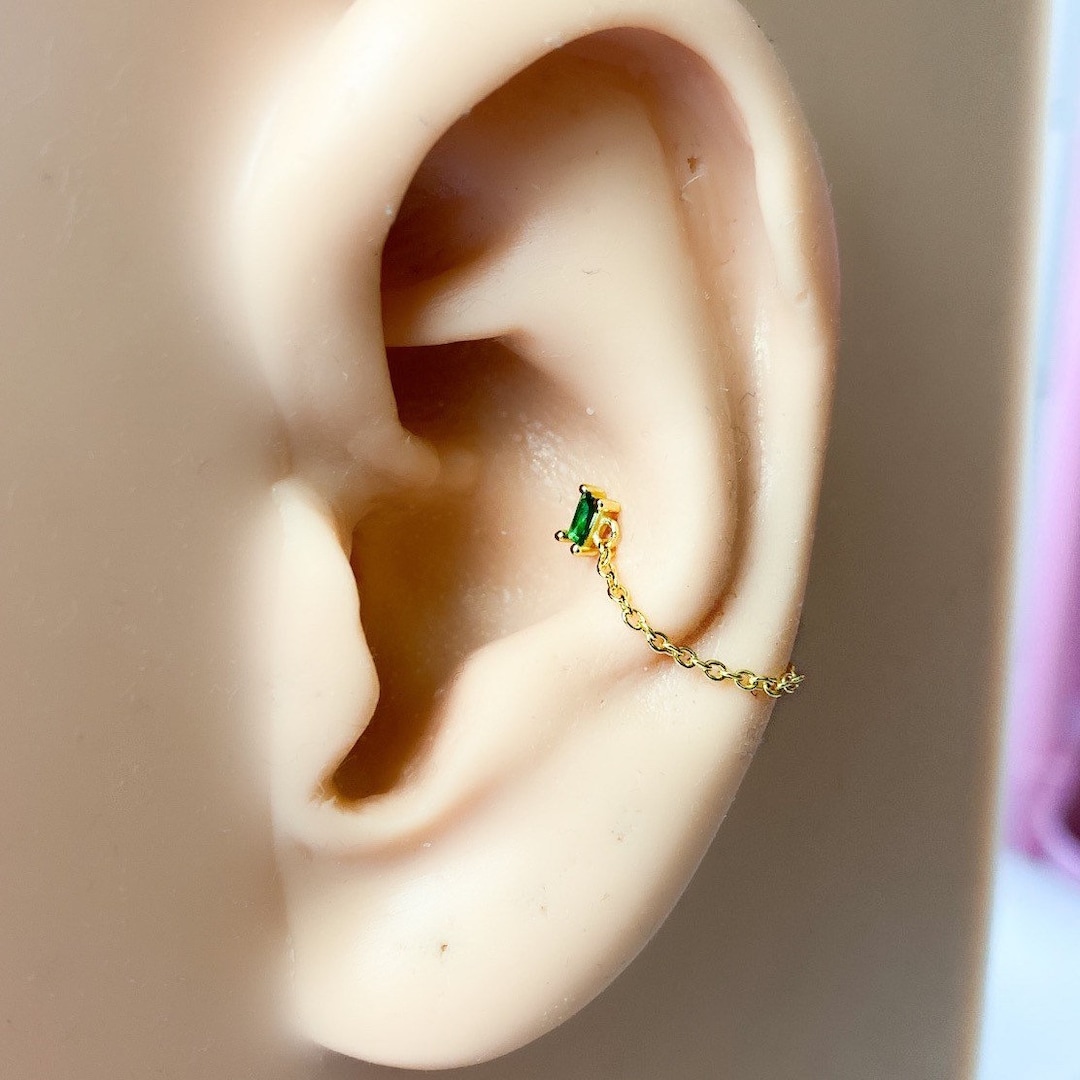 Dainty Emerald 18kt Gold Sterling Silver Chain Baguette CZ Conch ...