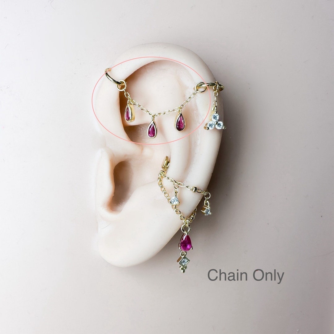 Dainty Industrial Barbell Ruby CZ Triple Pear Shaped Charm Chain (only ...
