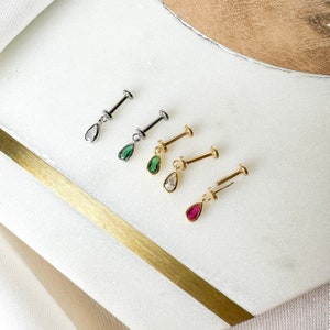 Dainty Emerald CZ Pear F136 Titanium 16G 18g Push Pin Flat Back ...