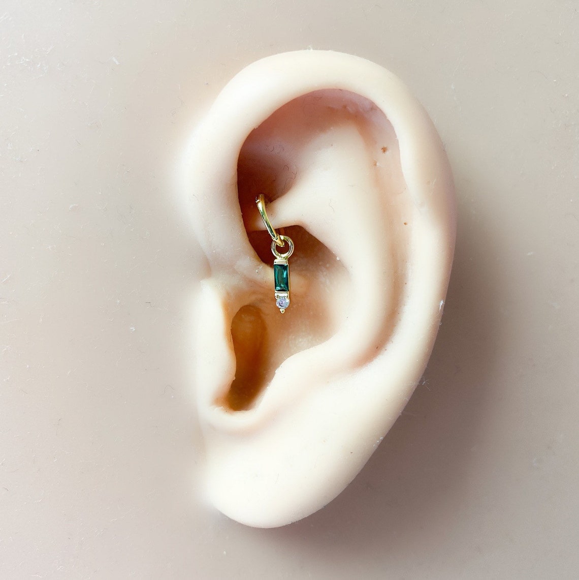 Dainty Emerald Hoop Charm, Sterling Silver, 18k Gold Plated Rook Hoop ...
