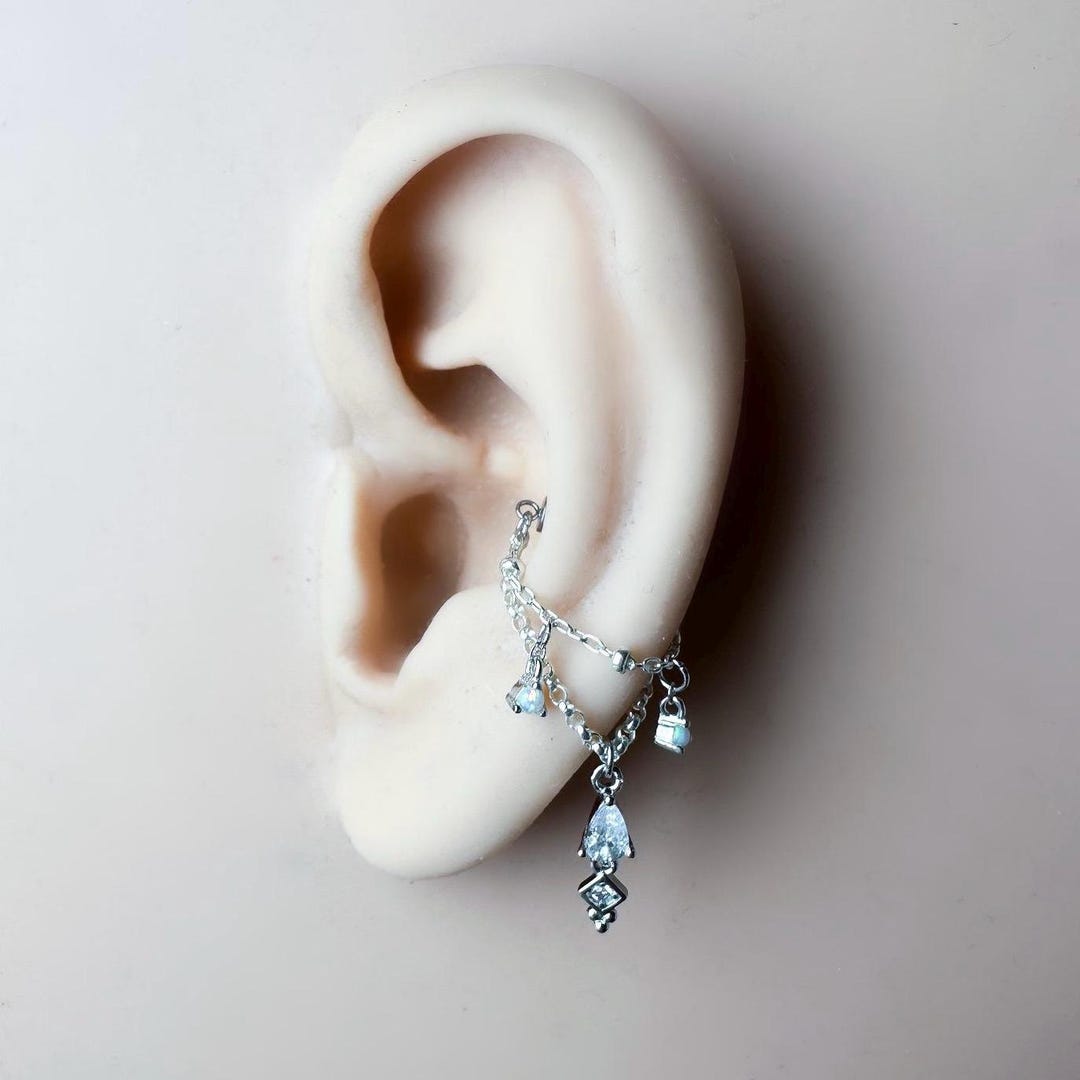 Sterling Silver or Gold Filled Diamond CZ Lyra Conch Dangle Chain, Helix Chain Piercing , Conch ...