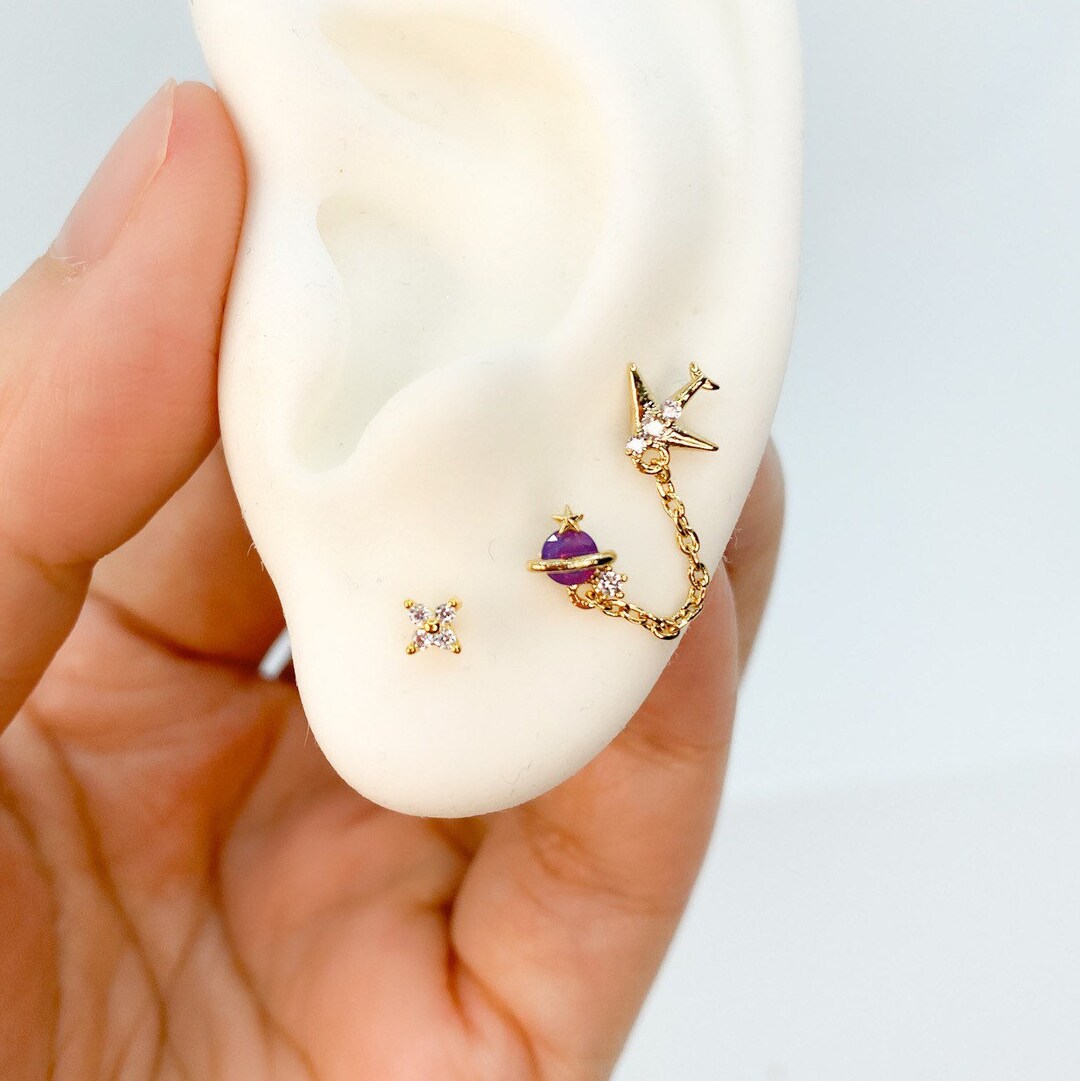 Tiny Plane and Planet Double Piercing Earrings, Earrings, 16 Gauge ...