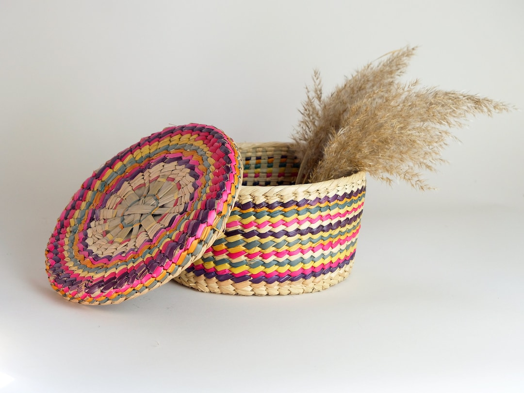 Colorful Striped Woven Basket / Seagrass Lidded Basket / Basket Storage ...