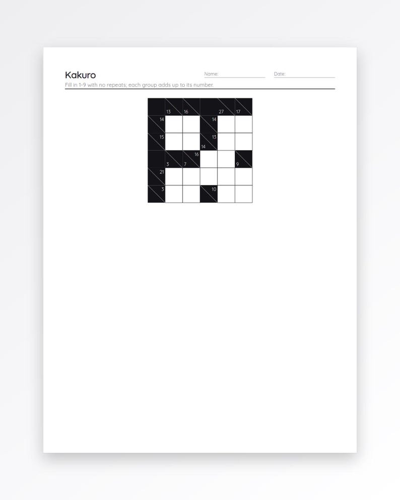10 Kakuro Puzzles (cross Sums) | Logic & Math | 6x6 Grid - Etsy