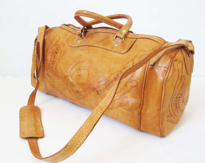 Vintage Tooled Leather Duffle Bag - 1970s Brown Engraved Duffel ...