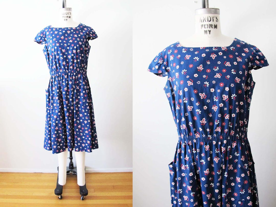 Vintage 60s Blue Red Floral Sundress Cap Sleeves M L - Etsy