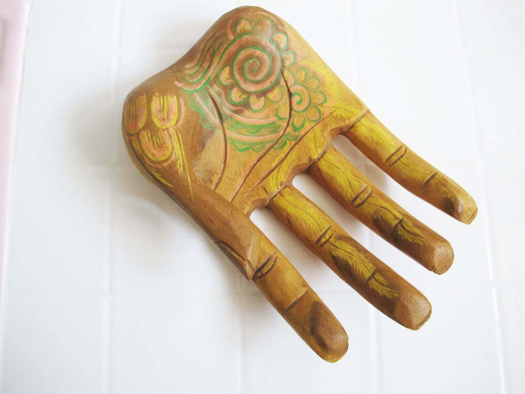 Vintage Oversized Carved Wooden Hand With Floral Design - Hand Carved ...
