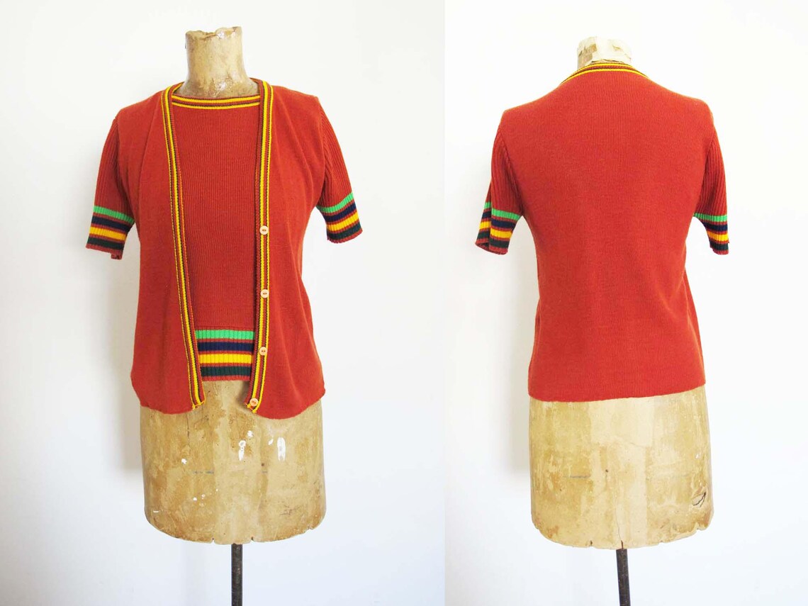 70s Striped Knit Twin Set Top: Vintage Red Brown Cardigan - Etsy