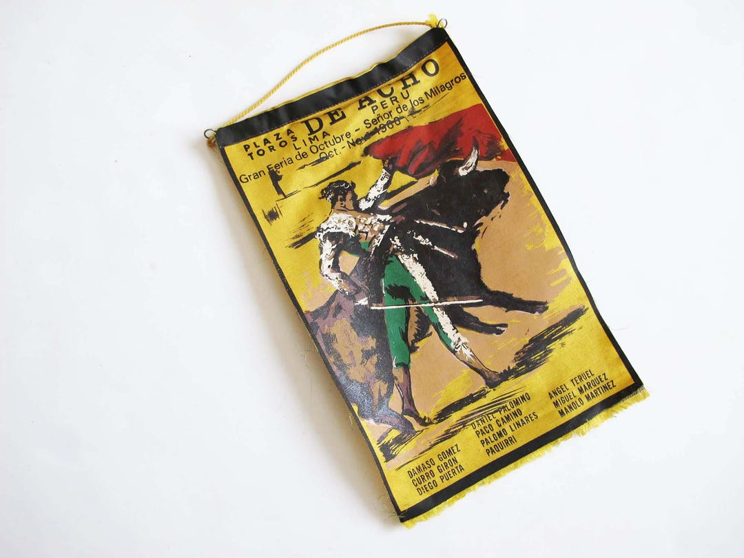 Vintage 1966 Bull Fighter Banner 7.5x12 - Mid Century Yellow Fabric ...