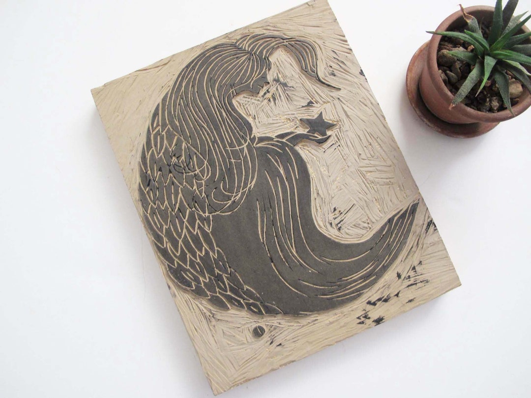 Vintage Carved Woodblock Angel Holding Star Romantic Long Haired Art ...