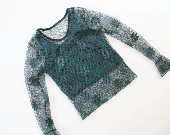 Vintage 2000s Mesh Lace Overlay Long Sleeve Shirt S - Y2K Floral Net ...