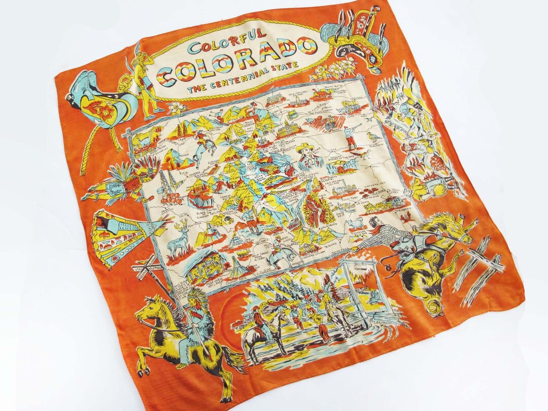 Vintage 1940s Colorado State Map Novelty Souvenir Rayon Kerchief ...