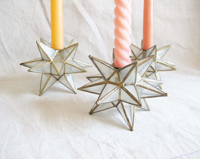 Vintage Capiz Shell Taper Candlestick Holders Set 3 - Star Shaped Brass ...