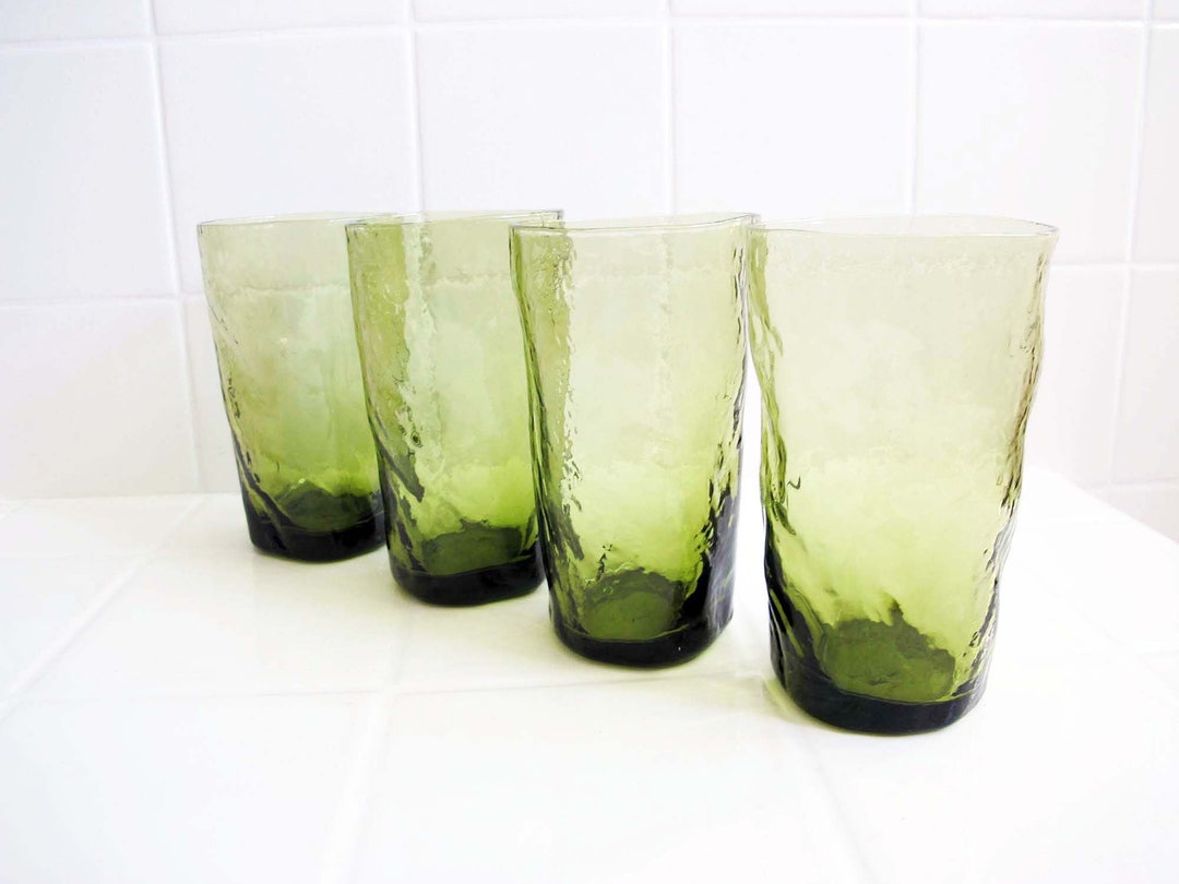 Vintage Olive Green Crinkle Glass Tumblers Set of 4 Wrinkle Textured ...