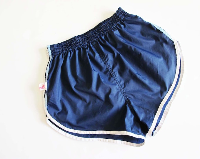 Vintage Nylon Running Shorts S M - 1980s Navy Blue White Stripe Sports ...