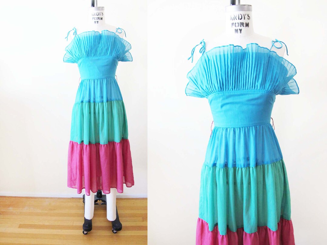 Vintage 70s Colorblock Sundress XS: Ruffle Tiered Stripe Dress - Etsy UK