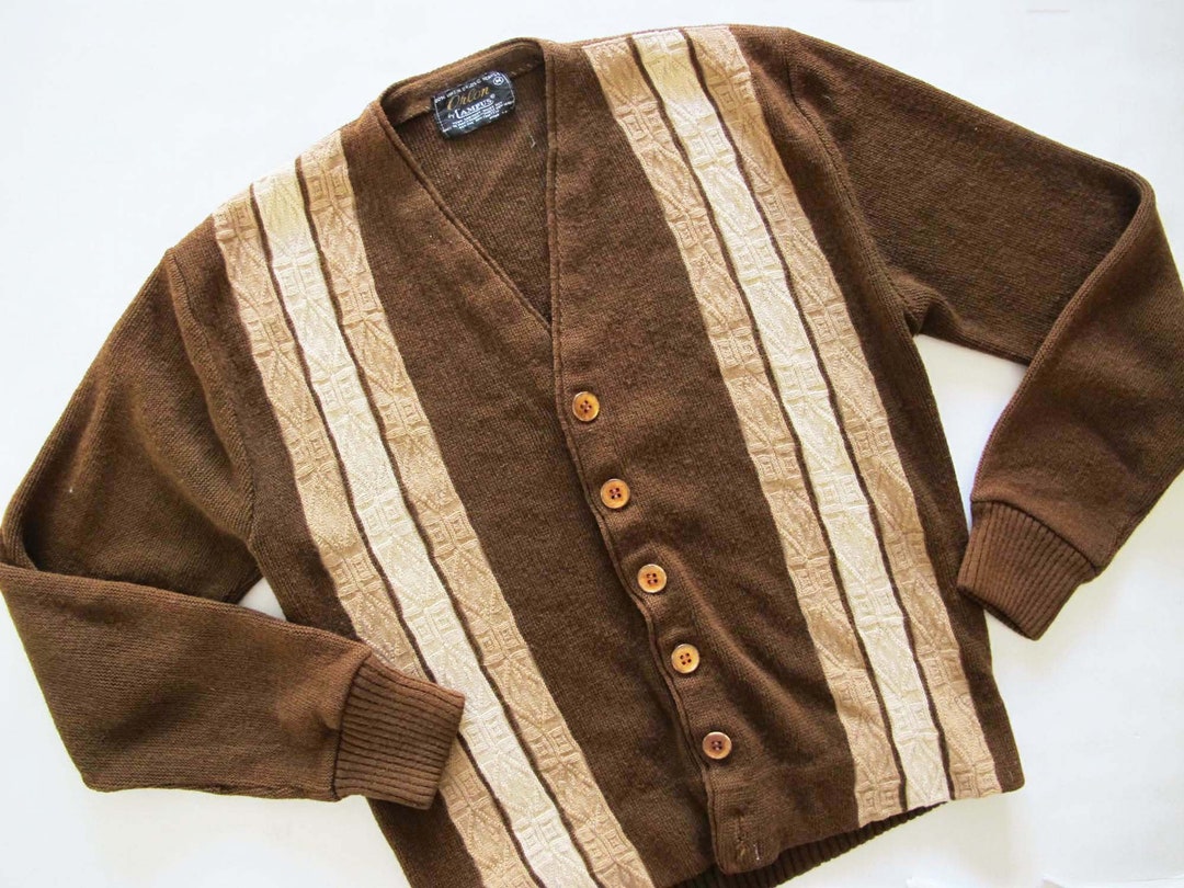 Vintage 60s Brown Stripe Cardigan S 1960s Campus V Neck Grunge Grandpa ...