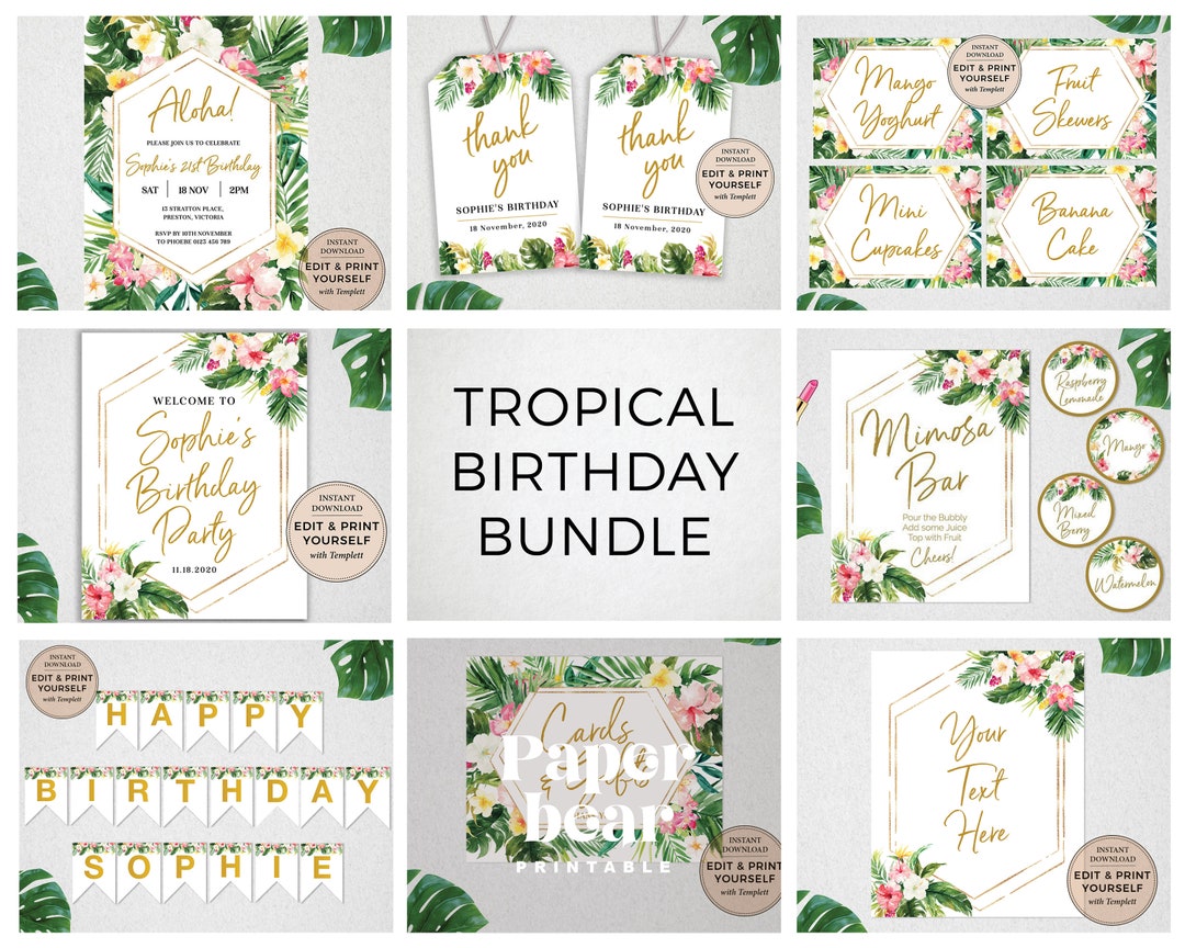 Tropical Birthday Bundle, Tropical Birthday, Editable Tropical Birthday ...
