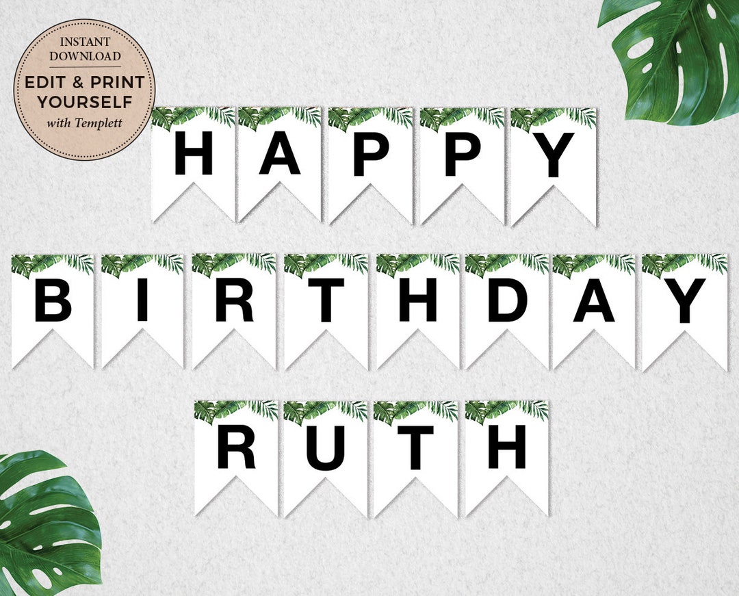 Birthday Banner, Editable Birthday Banner, Tropical Banner, Printable ...