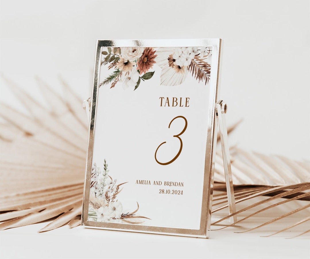 Boho Pampas Table Numbers, Editable Table Numbers, Modern Boho Table ...