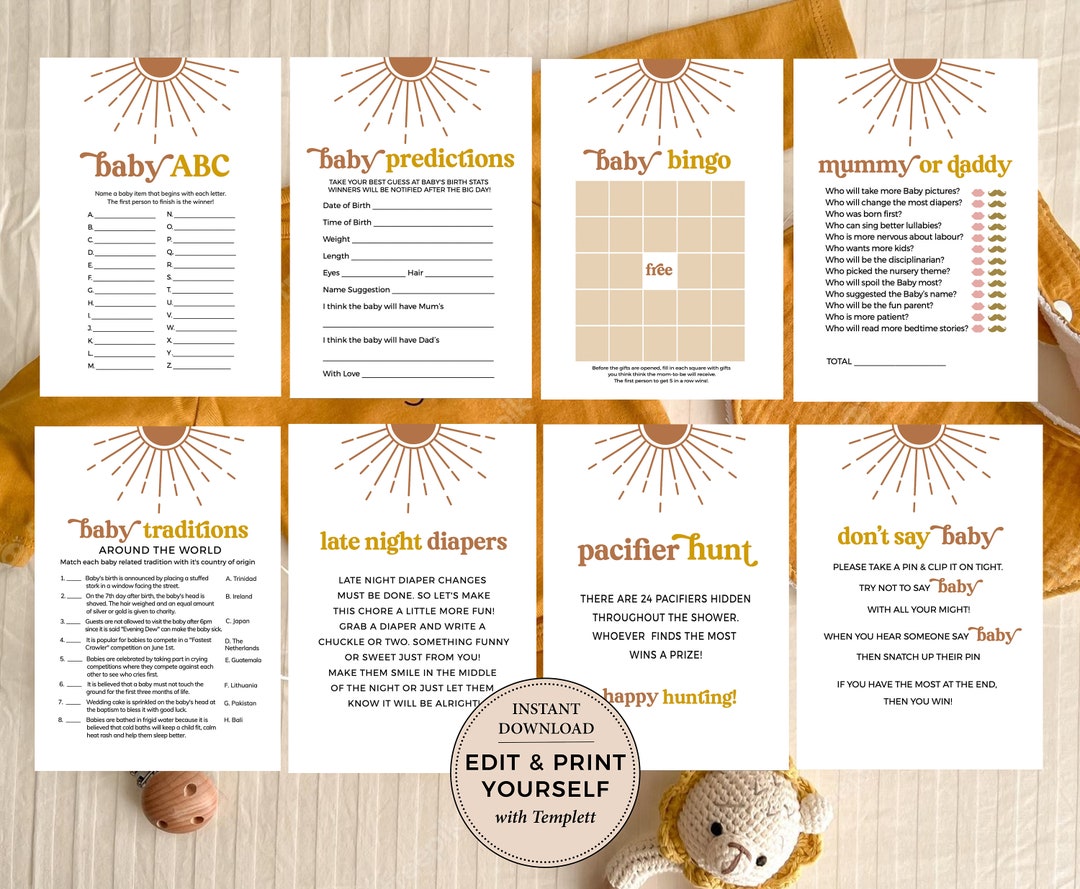 Here Comes the Sun Games Bundle, Editable Baby Shower Games, Here Comes ...