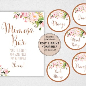 Mimosa Bar Sign & Juice Labels, Mimosa Bar Labels, Rose Gold Mimosa Bar ...