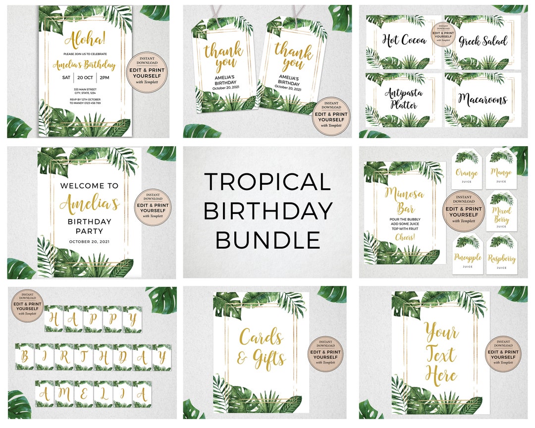 Tropical Birthday Bundle, Editable Birthday Templates, Birthday Bundle ...