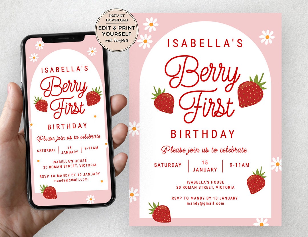 Editable Berry First Birthday Invitation, Berry First Birthday Evite ...