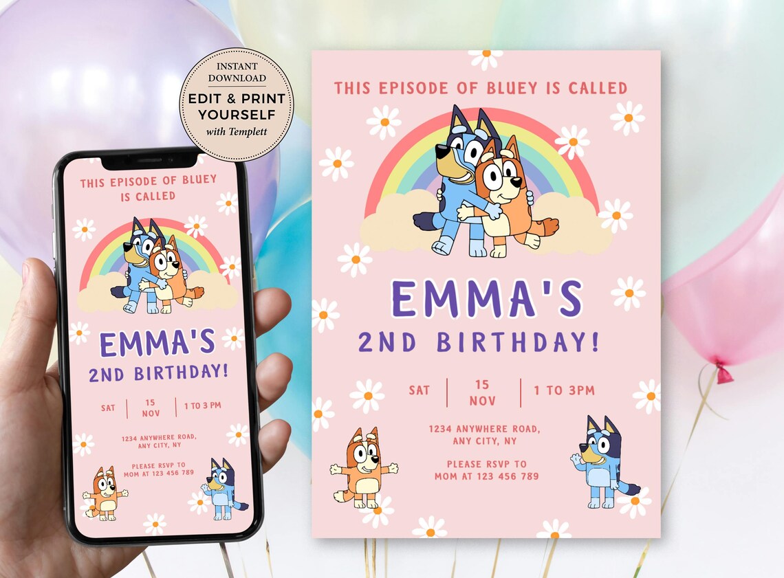 Editable Bluey Birthday Invitation: Evite Template (templett) - Etsy