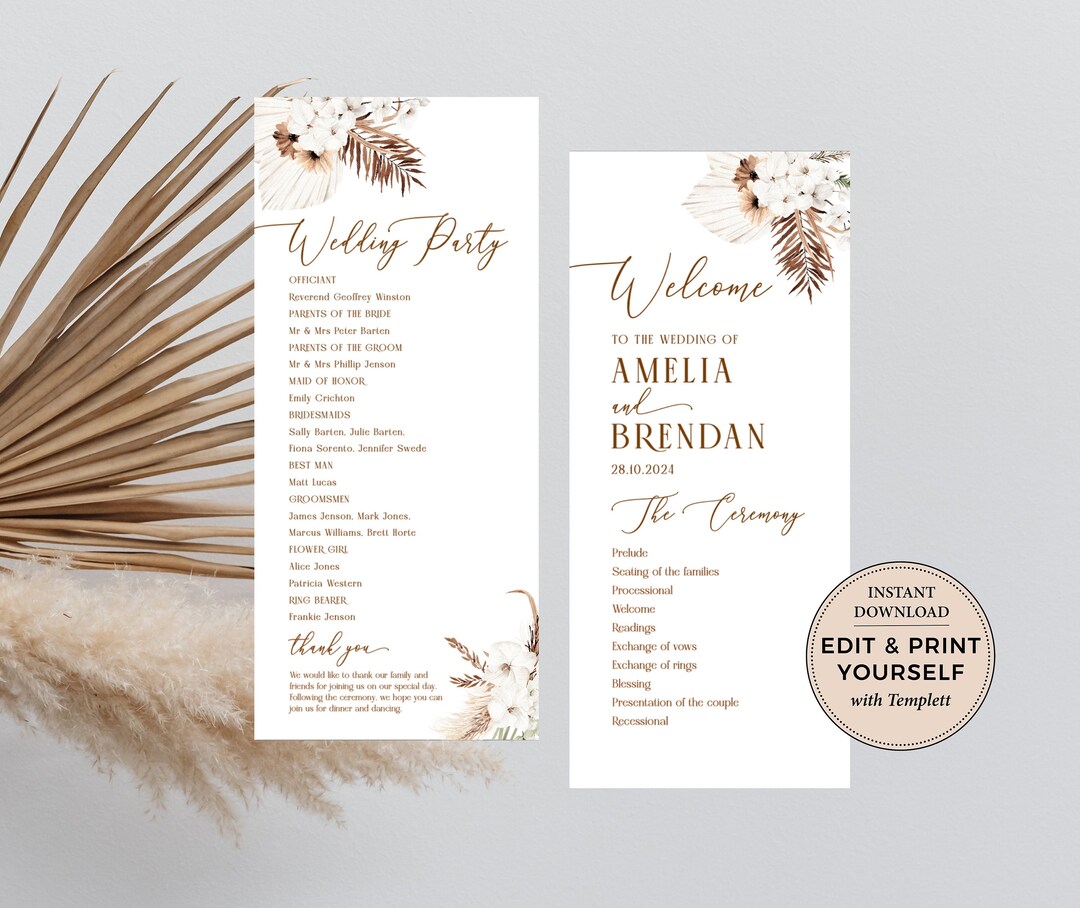 Wedding Program Template, Editable Program, Modern Boho Program, Boho ...