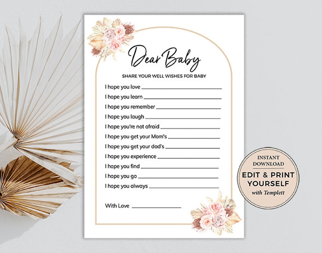 Dear Baby Game, Dear Baby, Wishes for Baby, Baby Shower Game, Boho Baby Shower Game, Games ...