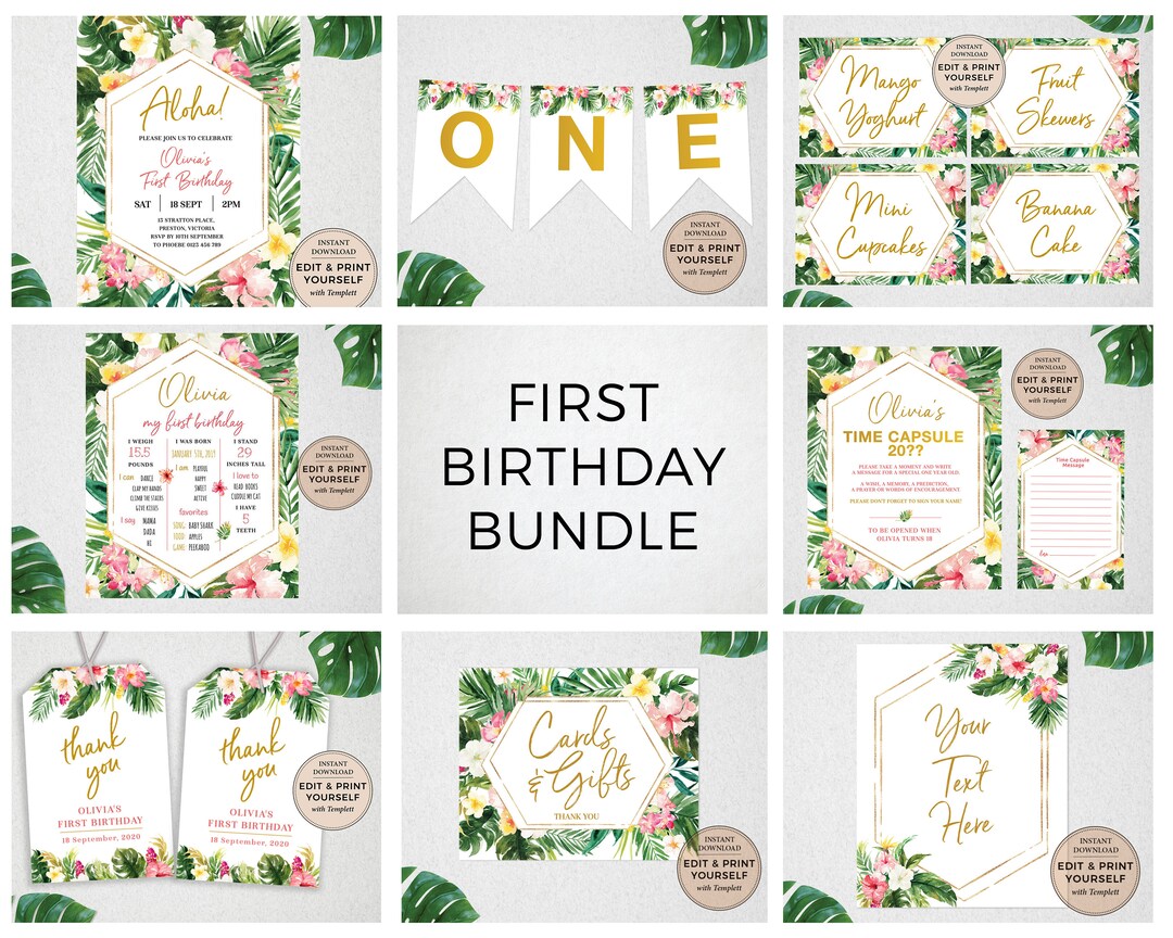 Tropical First Birthday Bundle: Editable Party Templates (instant ...