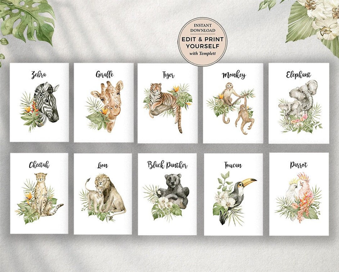 Editable Safari Animals Table Numbers: Jungle Seating Cards (templett ...