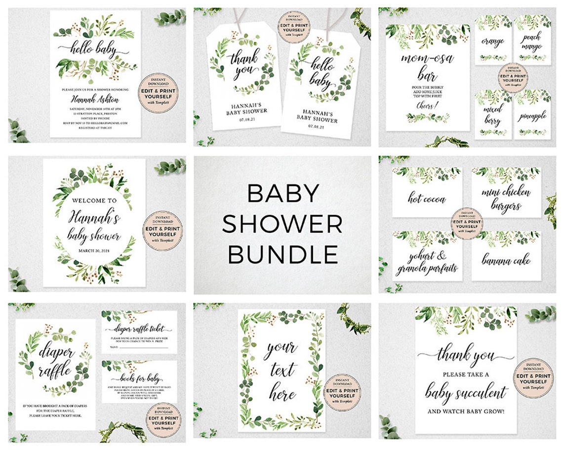 Editable Baby Shower Template Bundle: Greenery Theme (instant Download ...