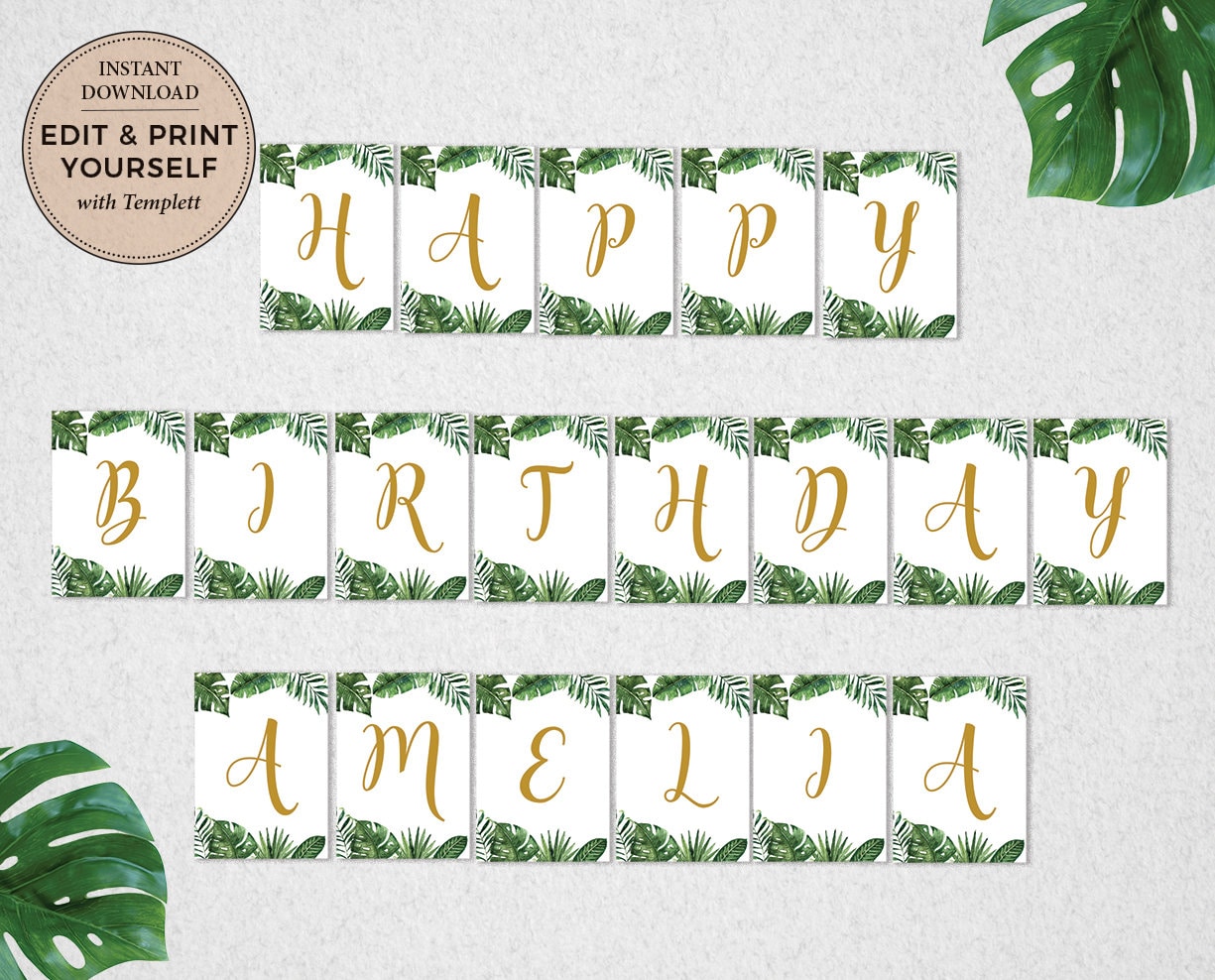 Birthday Banner, Editable Birthday Banner, Tropical Banner, Printable ...