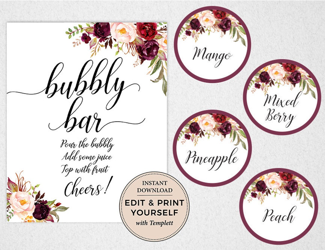 Editable Bubbly Bar Sign & Juice Labels (instant Download) - Etsy