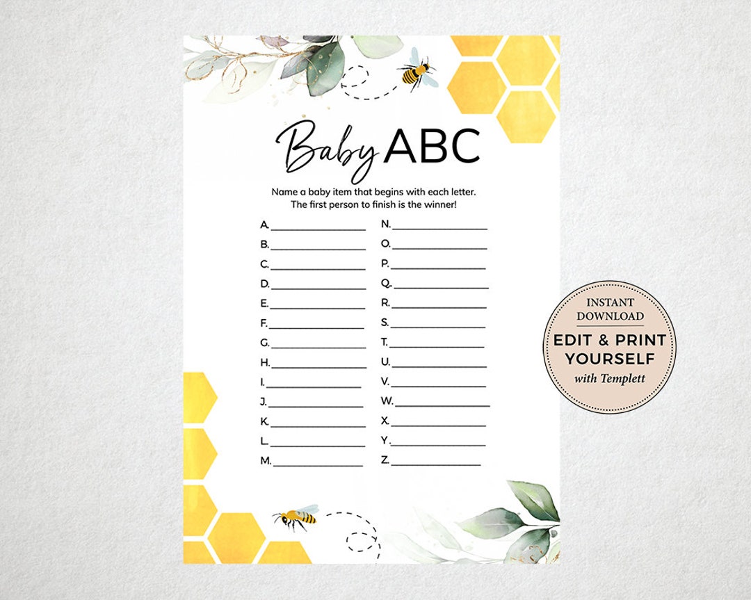 Bee Baby ABC Game, ABC Game, Baby Shower Game, Bee Baby Shower Game ...