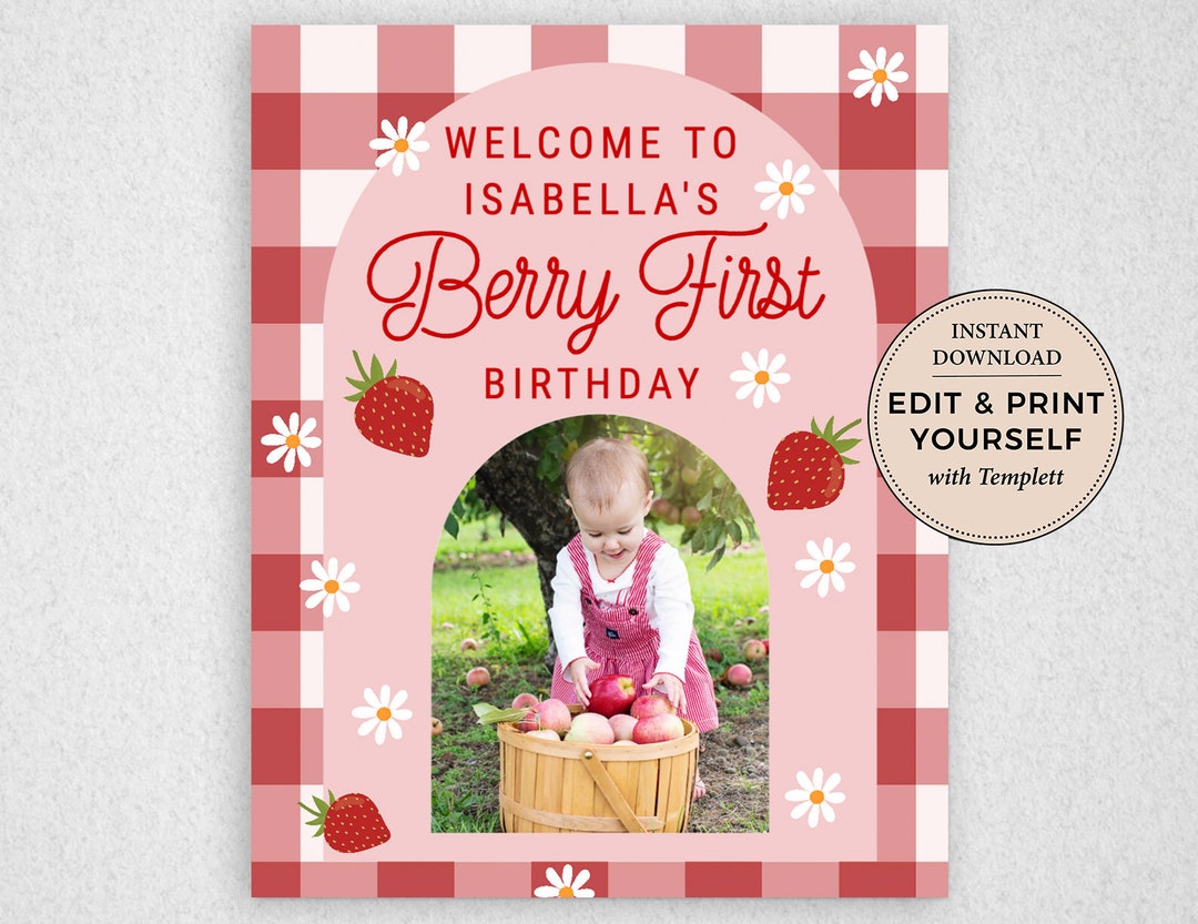 Editable Berry First Birthday Welcome Sign, First Birthday Welcome Sign ...