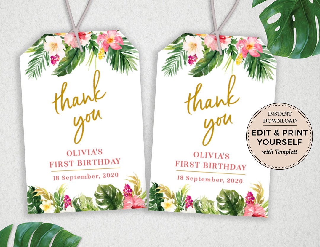 First Birthday Thank You Tag, Thank You Tag, First Birthday, Tropical ...