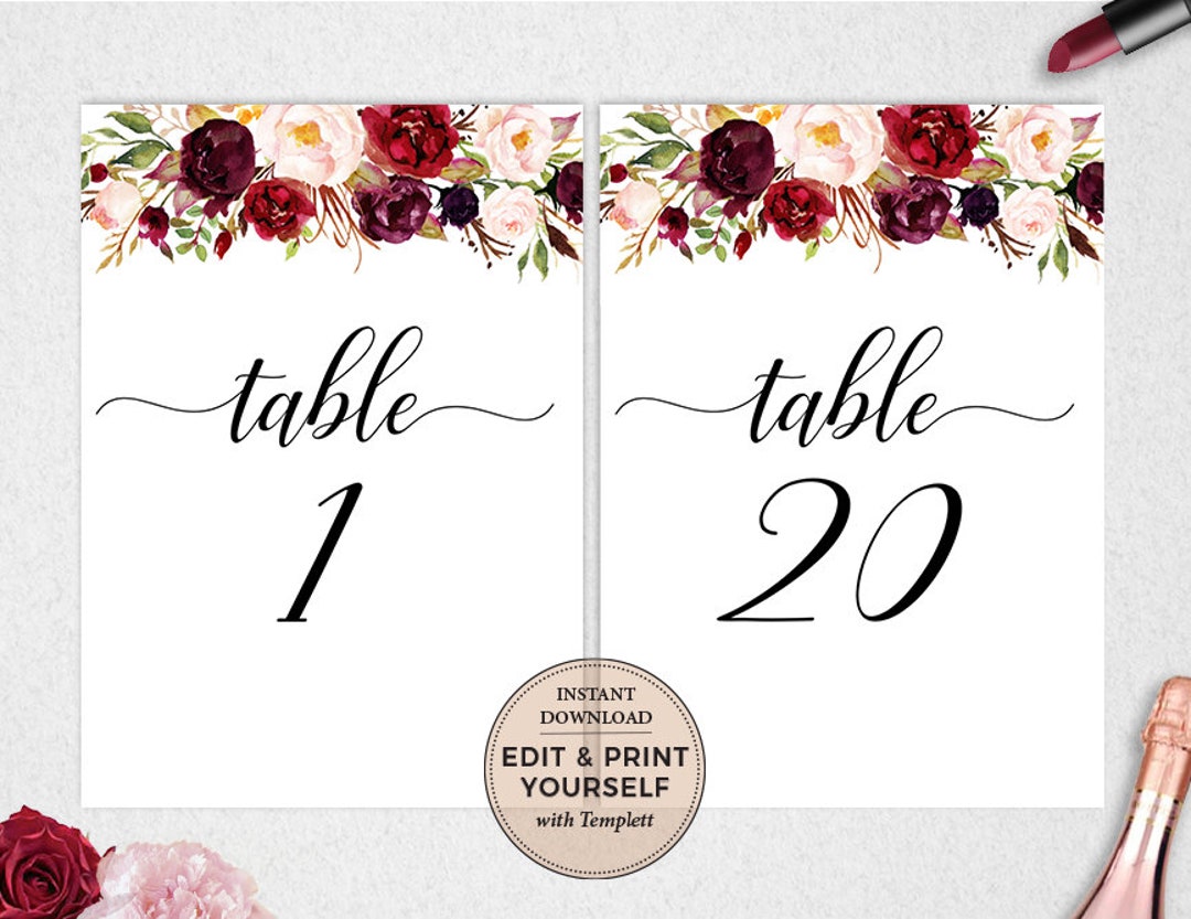 Floral Wedding Table Numbers: Editable Template (instant Download) - Etsy