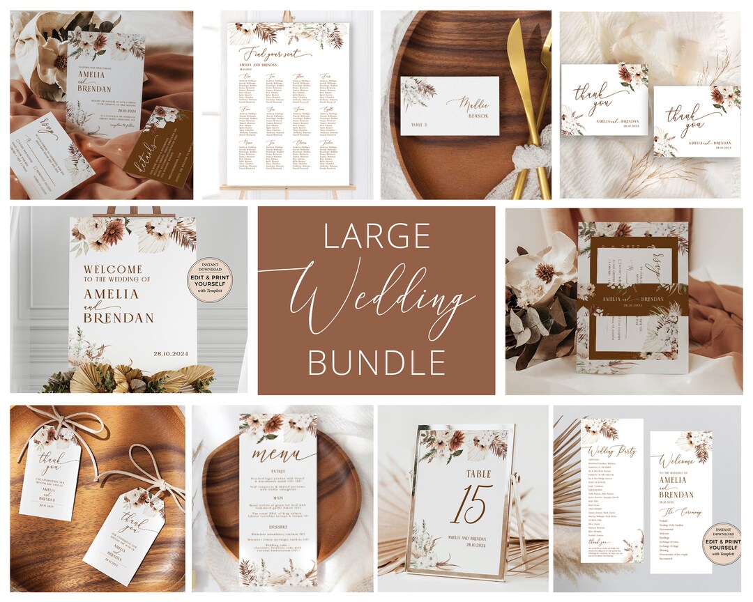 Large Wedding Bundle, Editable Wedding Template Bundle, Boho Pampas ...