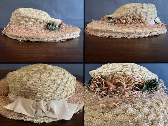 Woven Synthetic Straw Hat, 1930's, with Raffia Green… - Gem