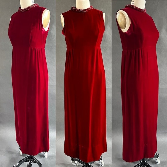 Cranberry Red Velvet 1960's Maxi Gown with Rolled, Je… - Gem