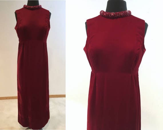 Cranberry Red Velvet 1960's Maxi Gown with Rolled, Je… - Gem