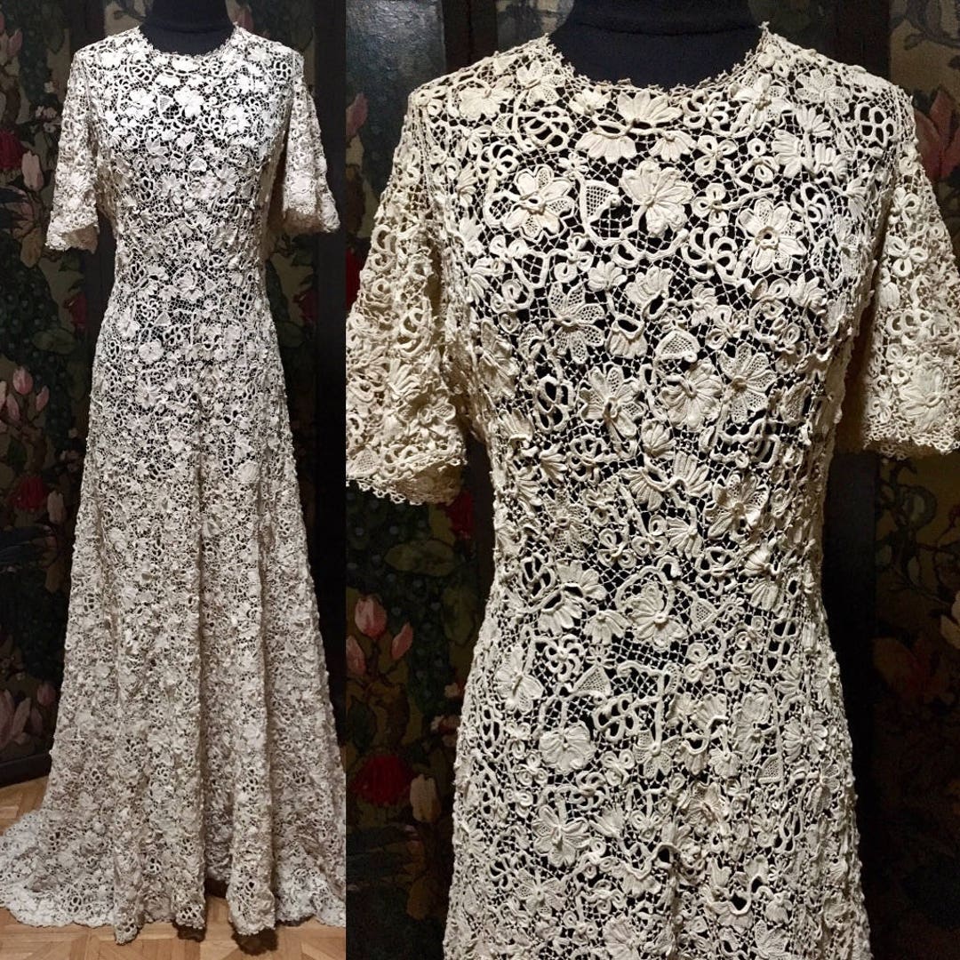 Exquisite OOAK Lush Clones Irish Crochet Lace Wedding Gown Edwardian W ...