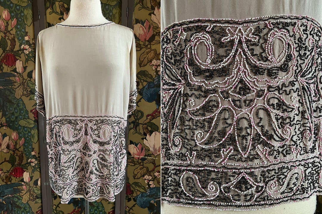 French Beaded 20's 'House of Adair' Label Slip-on Tunika Top, Putty ...
