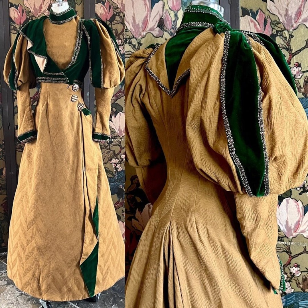 Vict. 1895 Mutton-sleeve Gown, Tan Wool W/ Beaded Green Velvet Accents ...